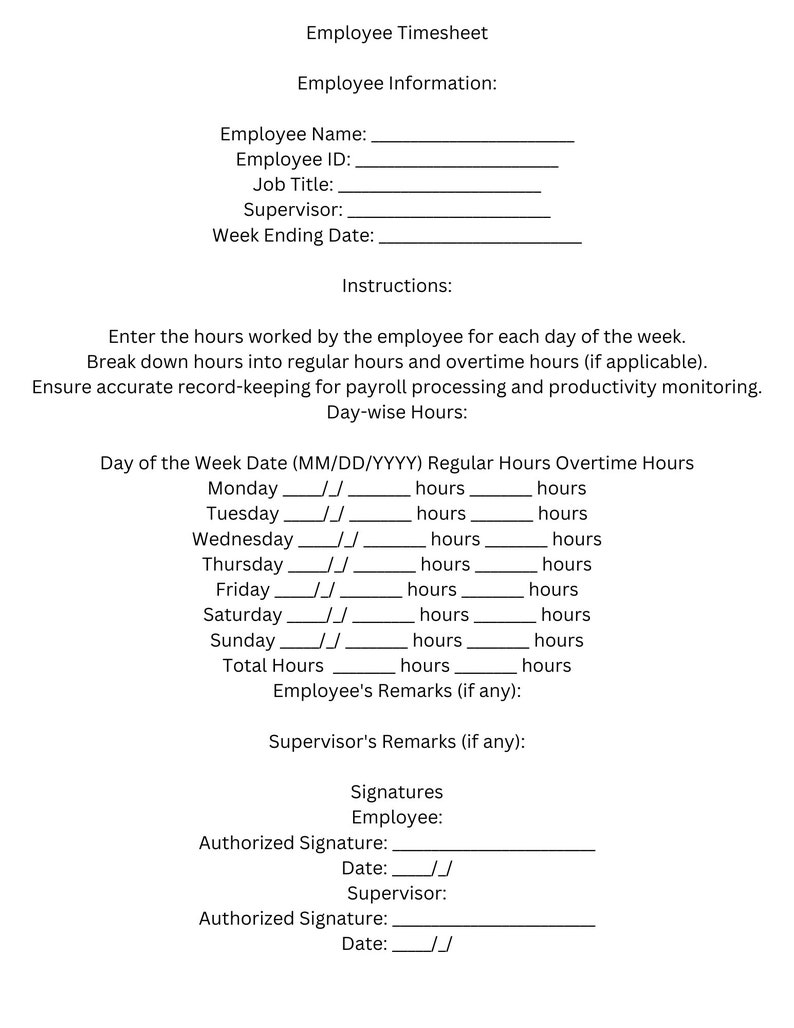 Employee Timesheet - Fillable - Etsy