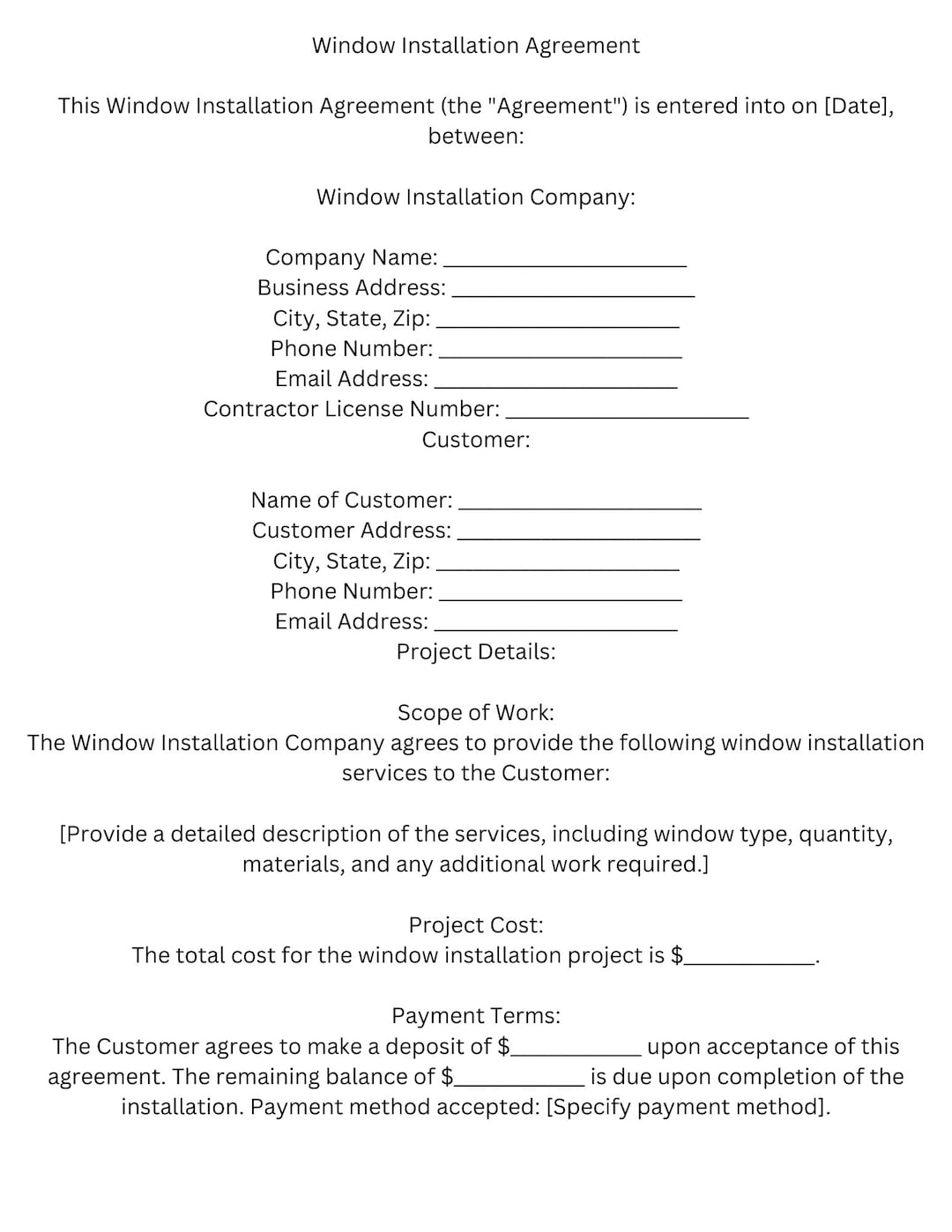 Window Installation Agreement Template - Etsy