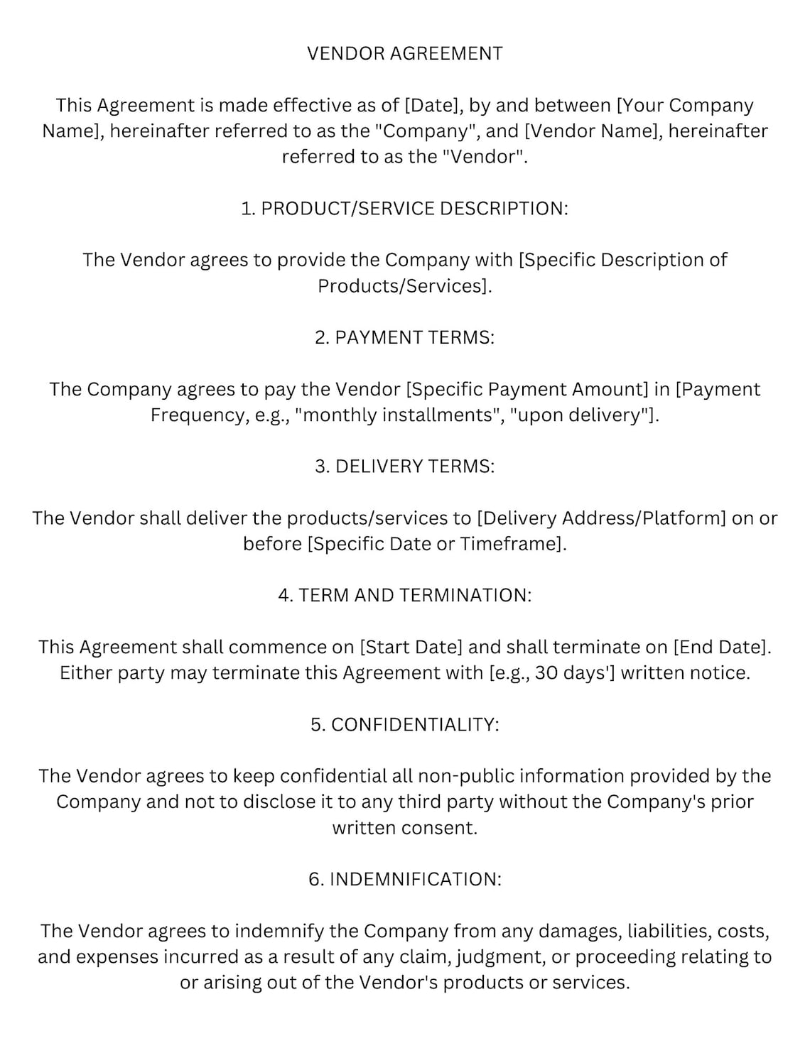 Vendor Agreement Contract Template Instant Download - Etsy