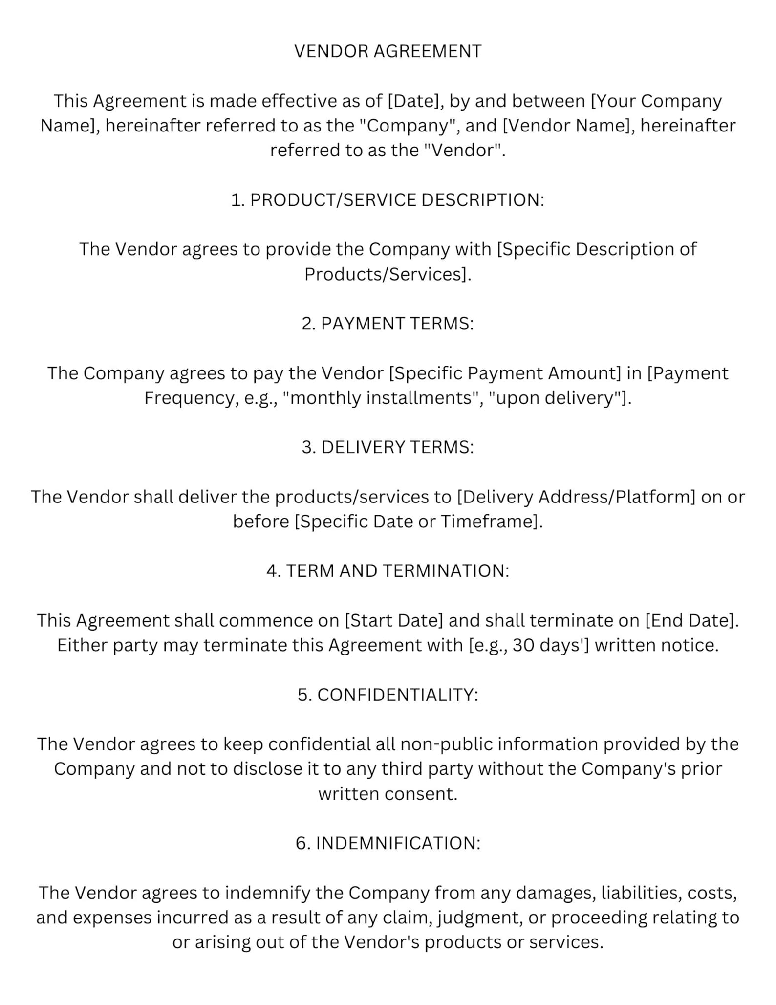 Vendor Agreement Contract Template Instant Download - Etsy
