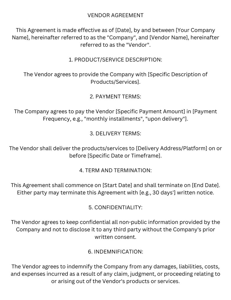 Vendor Agreement Contract Template Instant Download - Etsy