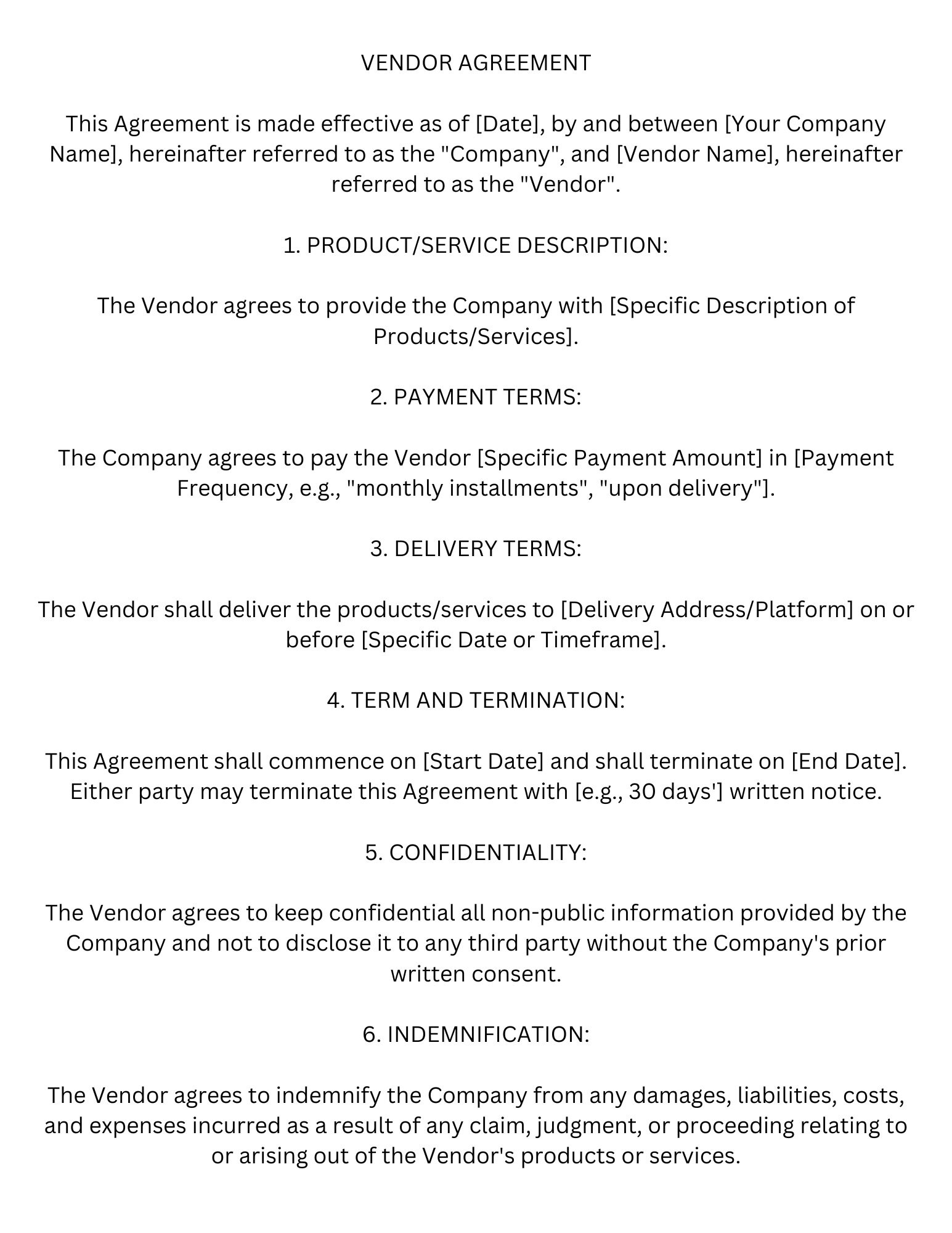 Vendor Agreement Contract Template Instant Download - Etsy