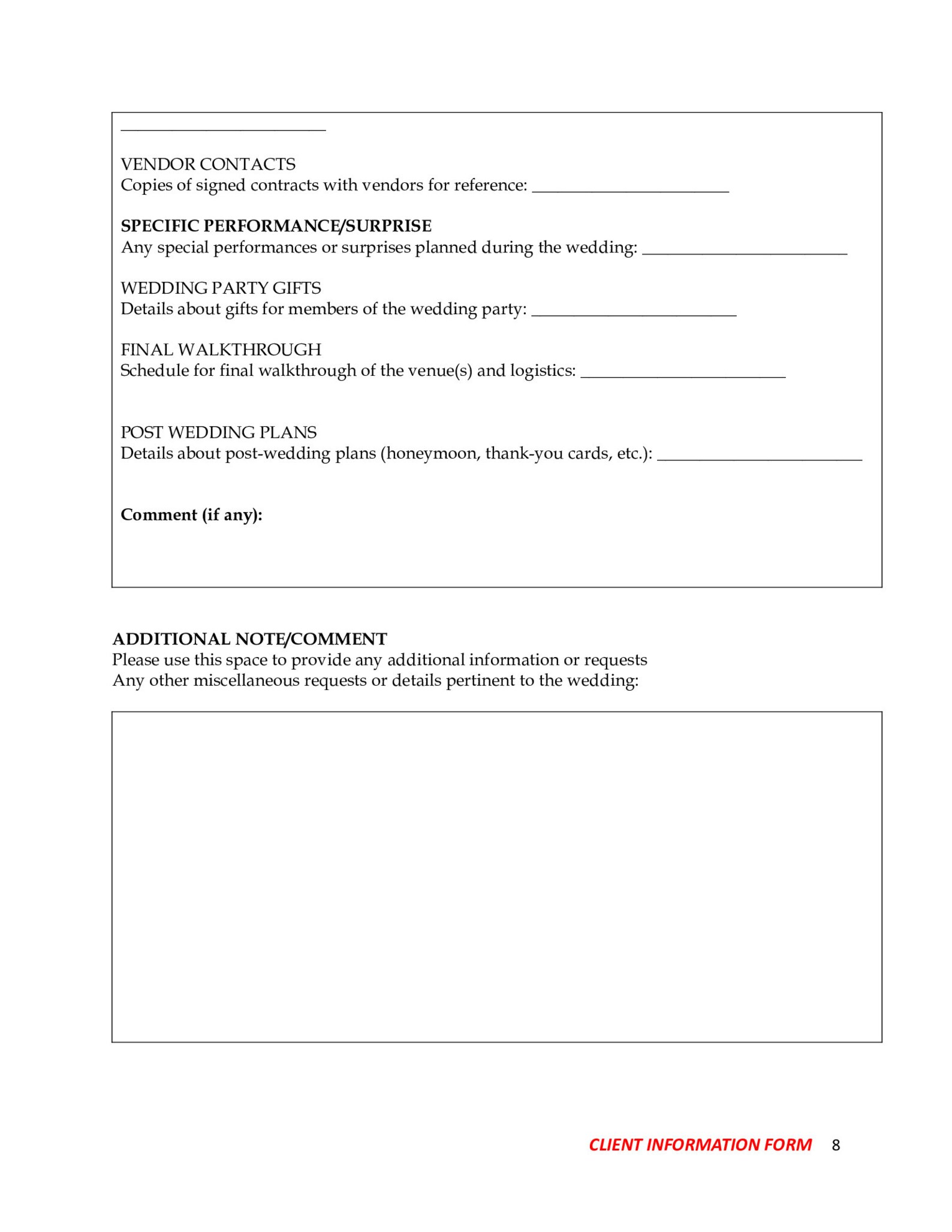 Wedding Client Information Forms - Comprehensive Pack (9 Pages ...
