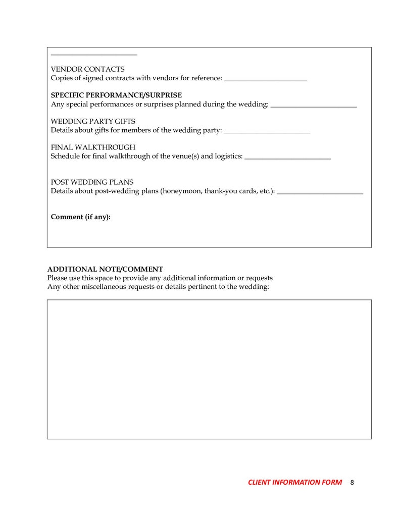 Wedding Client Information Forms - Comprehensive Pack (9 Pages ...