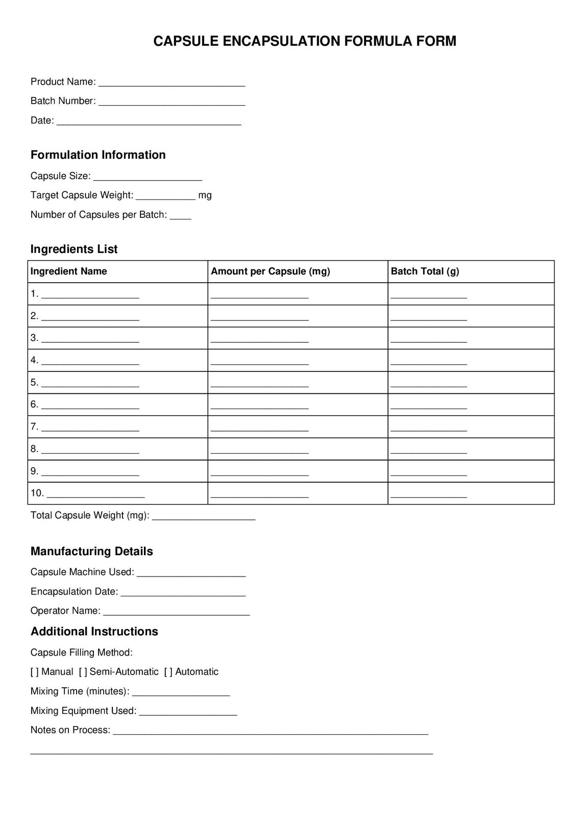 Capsule Encapsulation Formula Form | Supplement Manufacturing Template ...