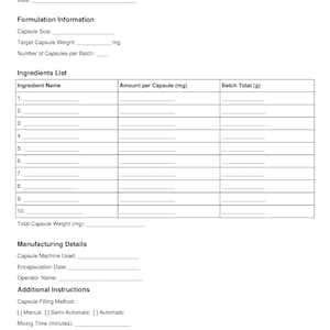 Capsule Encapsulation Formula Form | Supplement Manufacturing Template ...