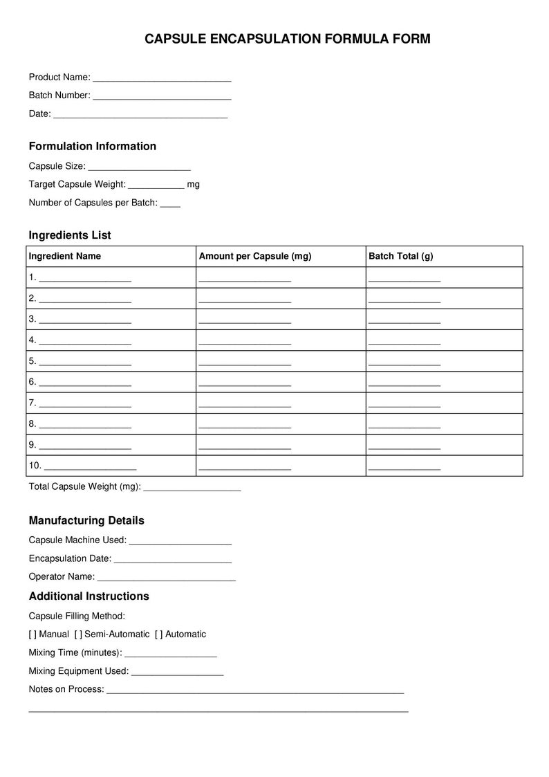 Capsule Encapsulation Formula Form | Supplement Manufacturing Template ...