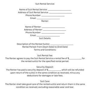 Suit Rental Agreement Template - Etsy