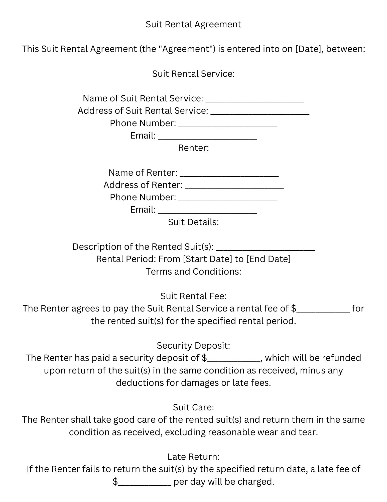 Suit Rental Agreement Template - Etsy
