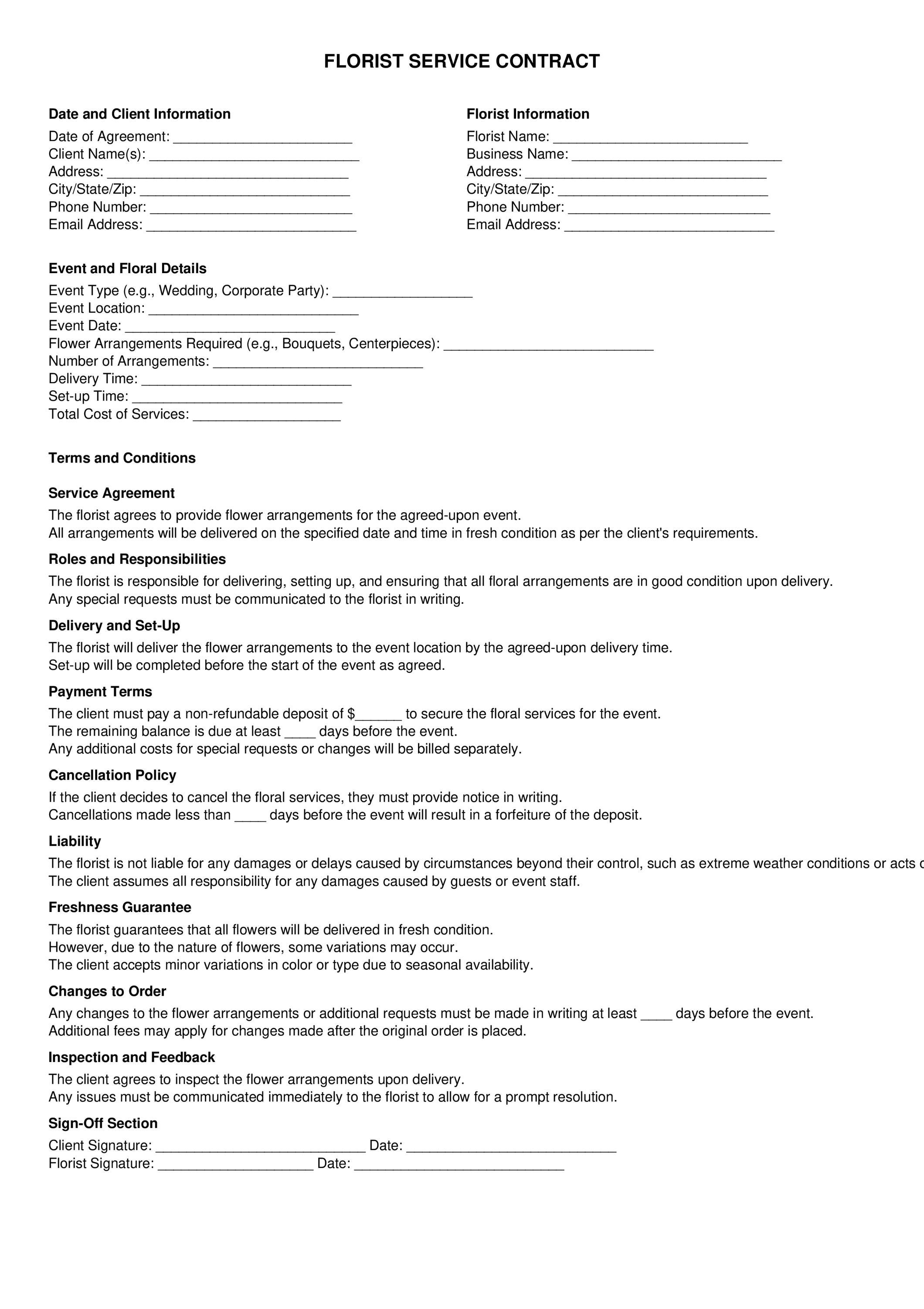 Florist Service Contract | Event Flower Arrangement Agreement ...
