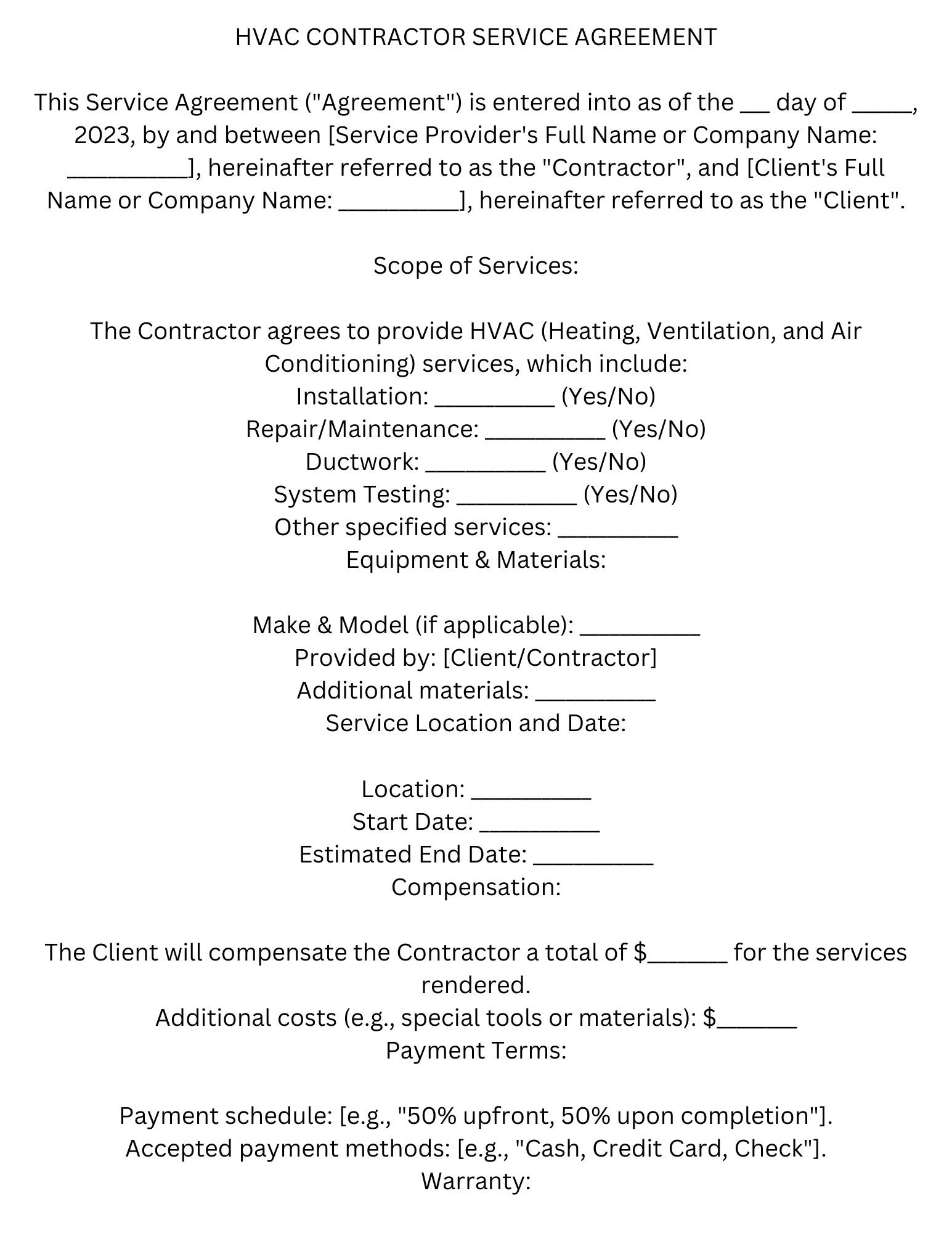 HVAC Contractor Service Agreement Template, Digital Download: Pdf - Etsy