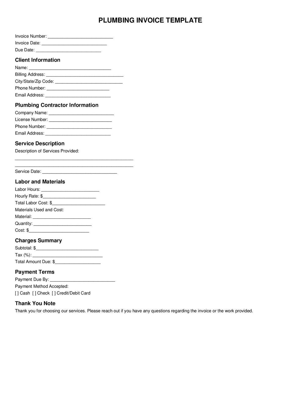 Plumbing Invoice Template | Printable Plumbing Billing Form | Editable ...