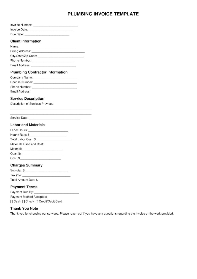 Plumbing Invoice Template | Printable Plumbing Billing Form | Editable ...