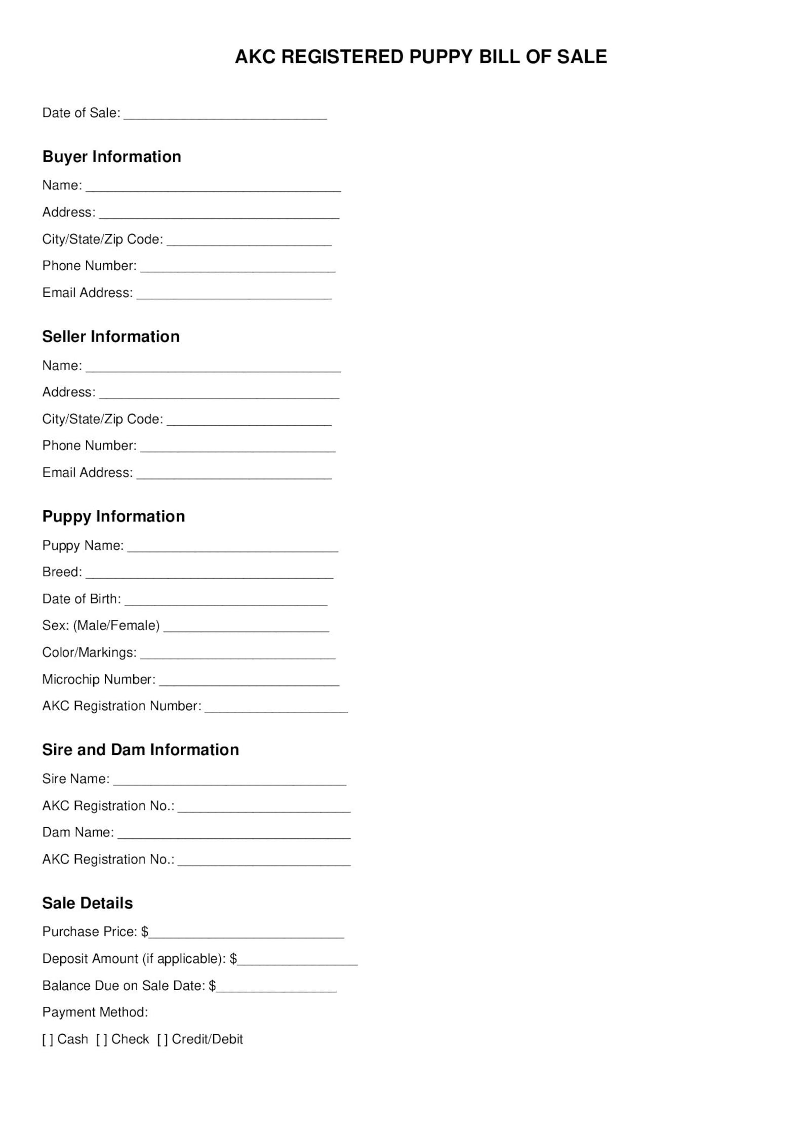 AKC Registered Puppy Bill of Sale | Editable Puppy Purchase Agreement ...