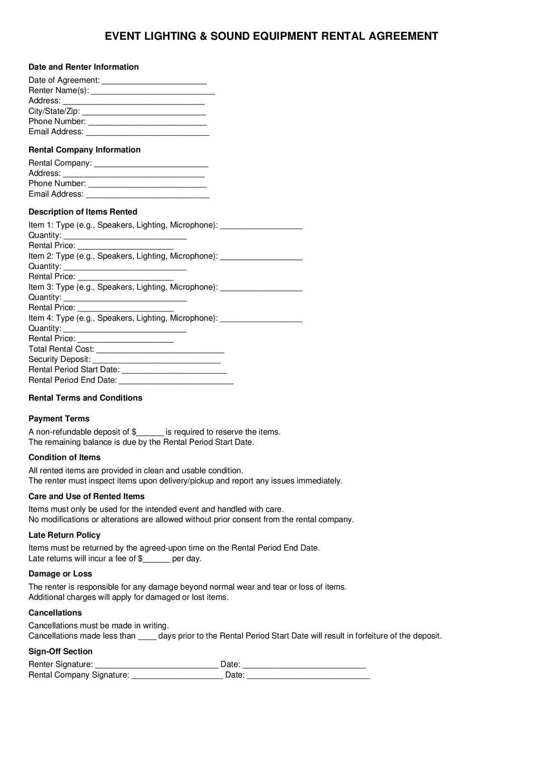 Event Lighting & Sound Equipment Rental Agreement | Audio-visual ...