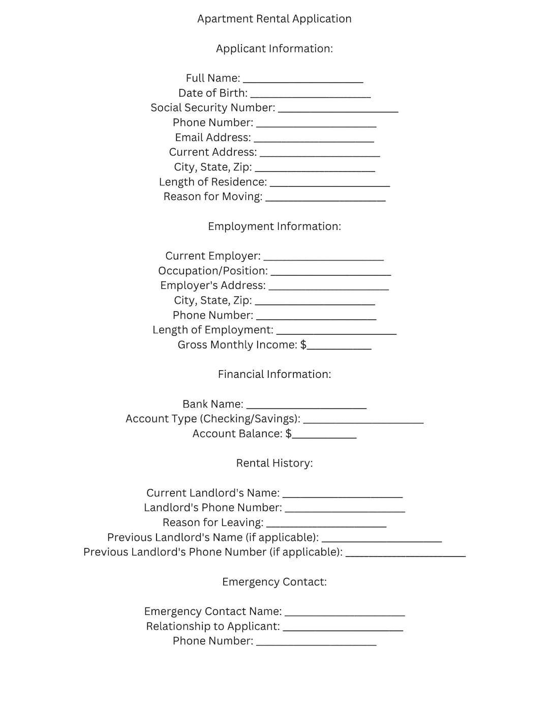 Apartment Rental Application- Template, Instant Download - Etsy