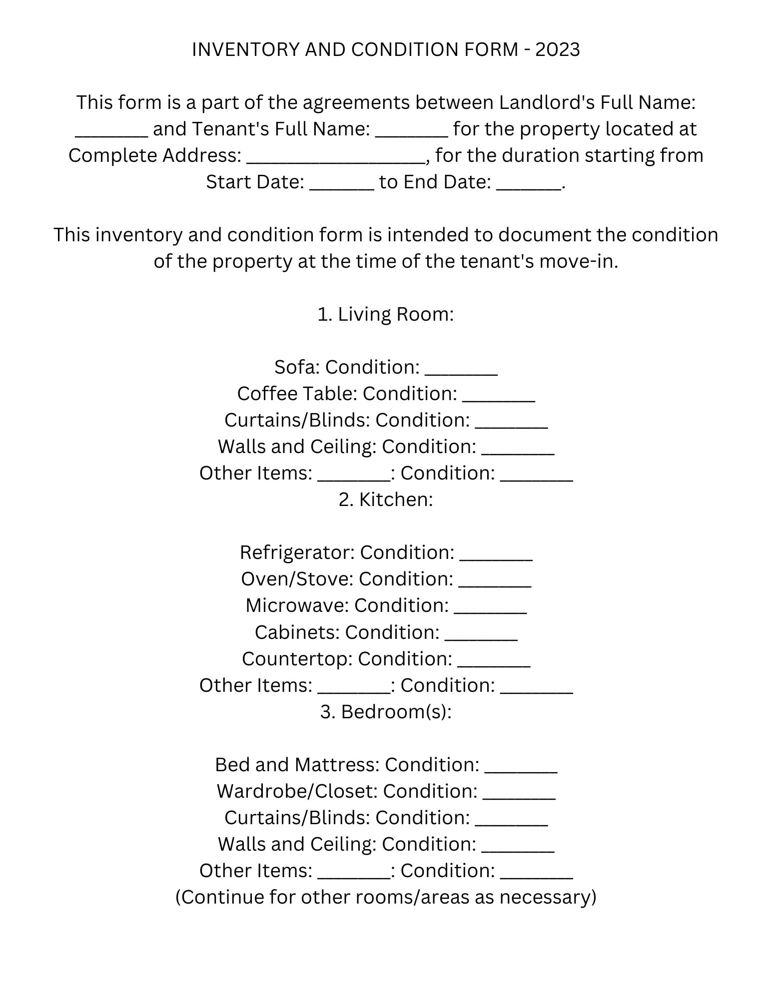 Furnished Home Inventory & Condition Form Template-pdf Download - Etsy