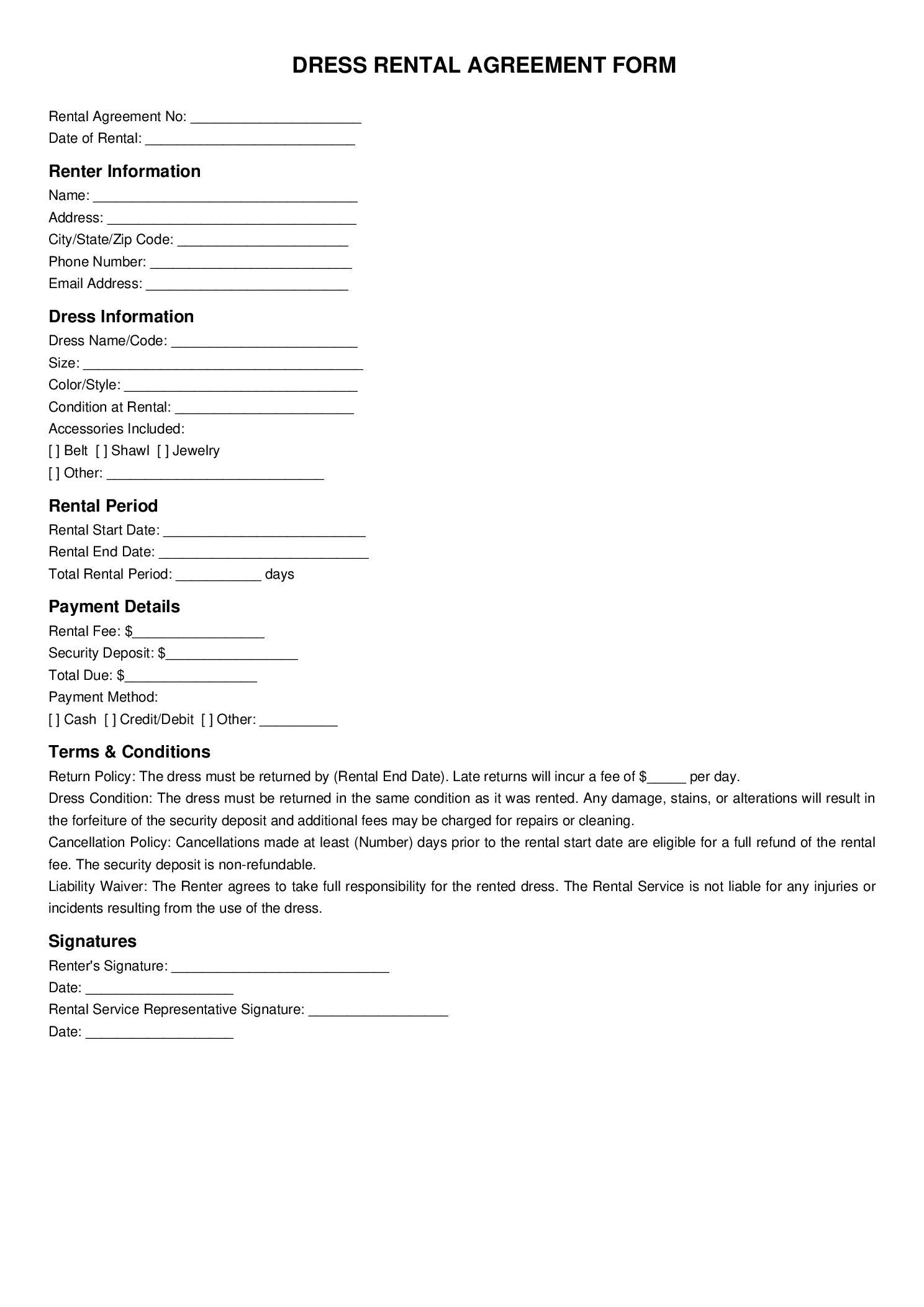Dress Rental Agreement Form | Editable Dress Lease Contract | Printable ...