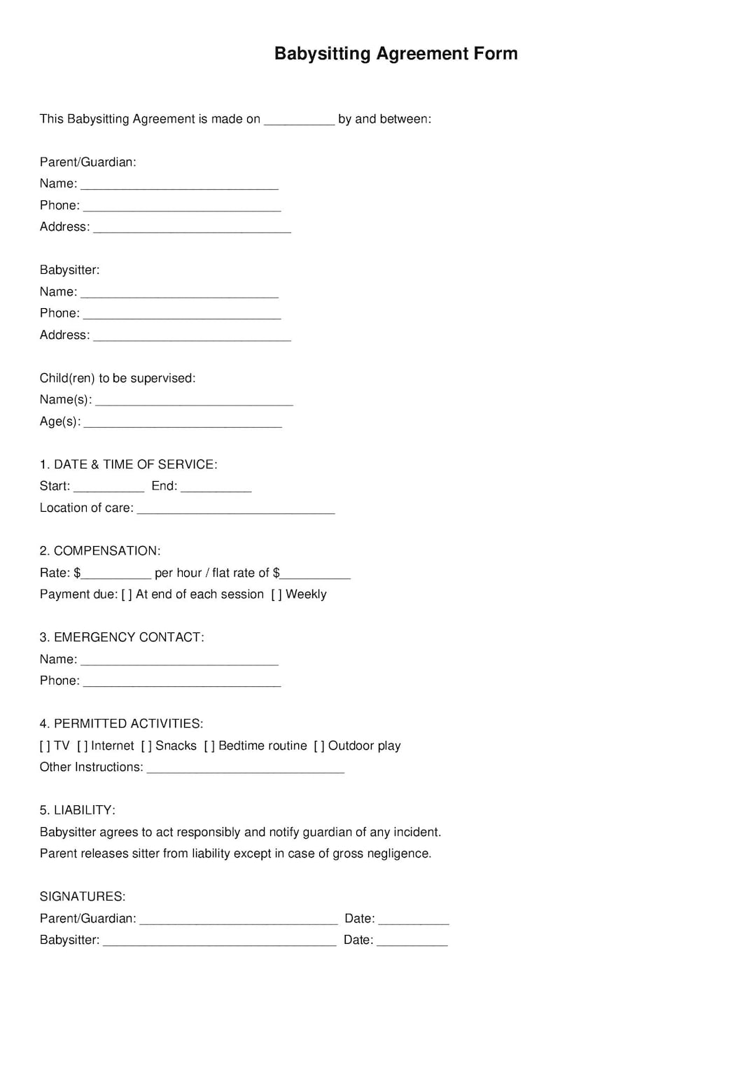 Babysitting Agreement Form | Childcare Contract Template | Editable PDF ...