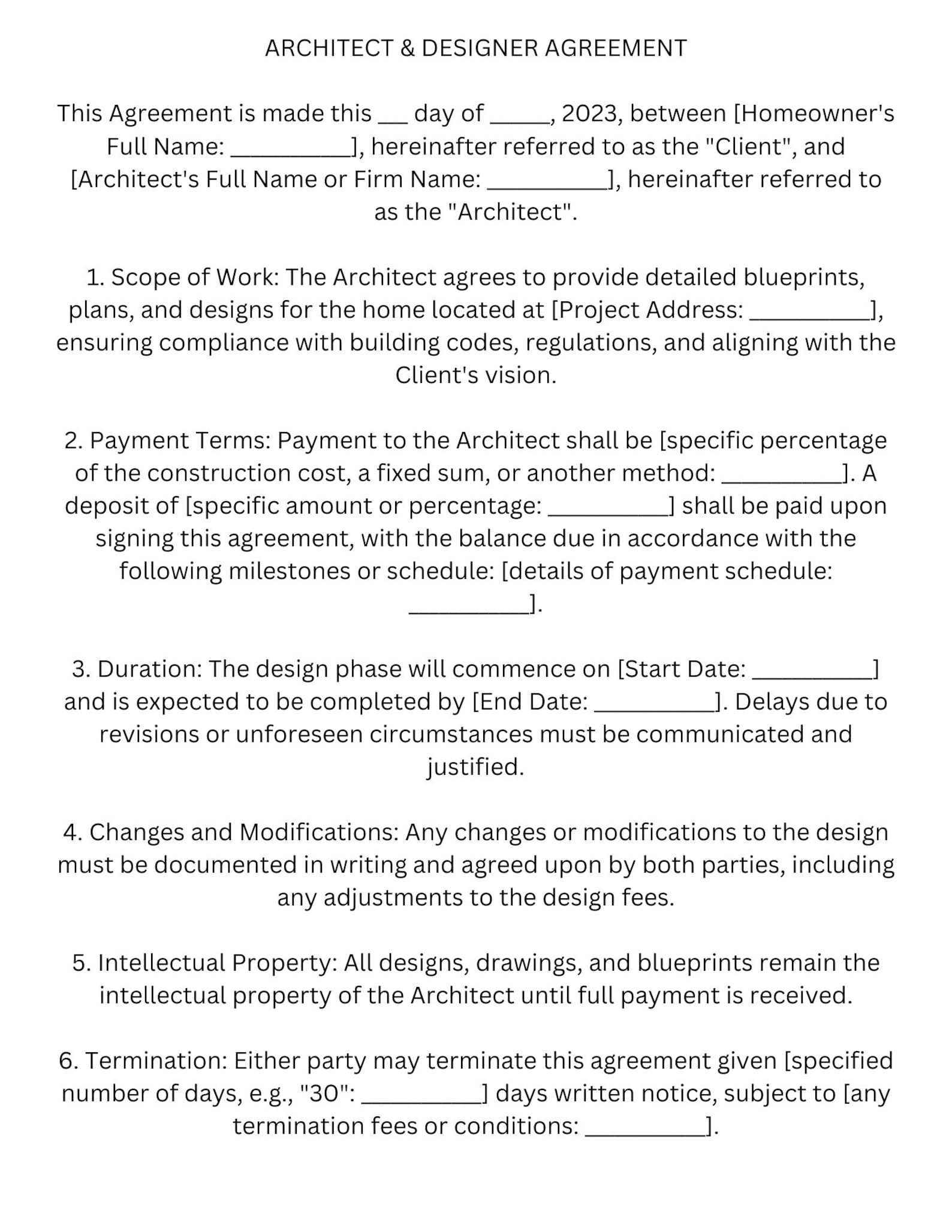 Architect & Designer Agreement Template PDF Download - Etsy