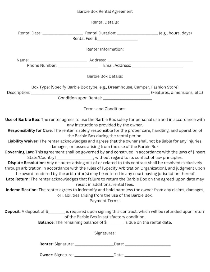 Barbie Box Rental Agreement-template Download - Etsy