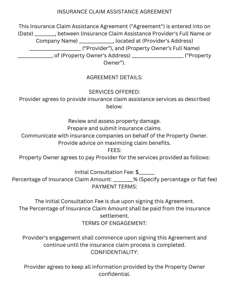 Insurance Claim Assistance Agreement Template - Etsy