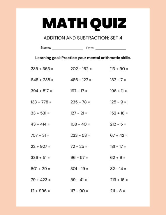 Math Quiz Printable Worksheets