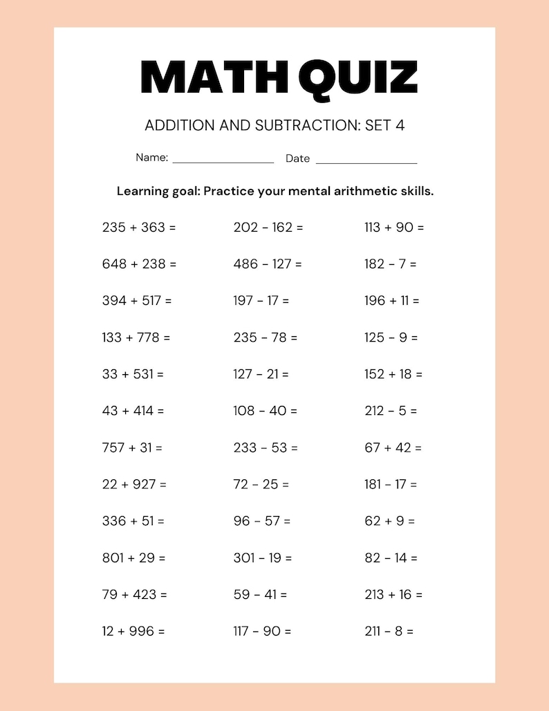 Addition and Subtraction Practice Worksheets Pack for Grades 1-3 | Math ...