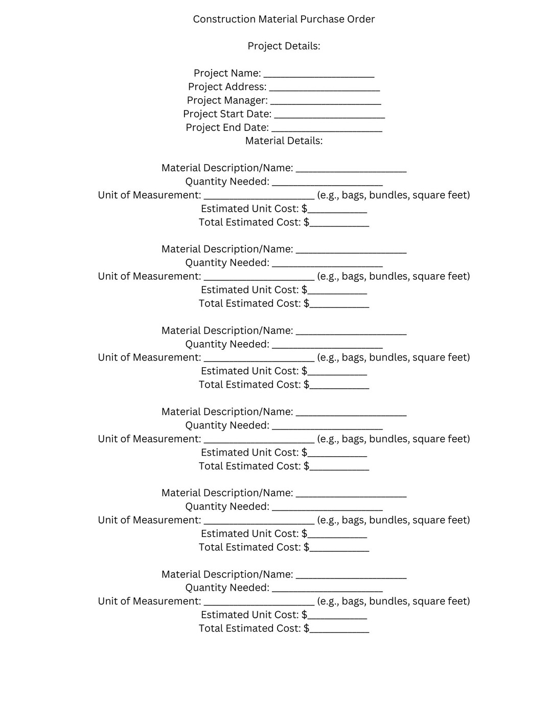 Construction Material Purchase Order-template, Instant Download, 3 ...