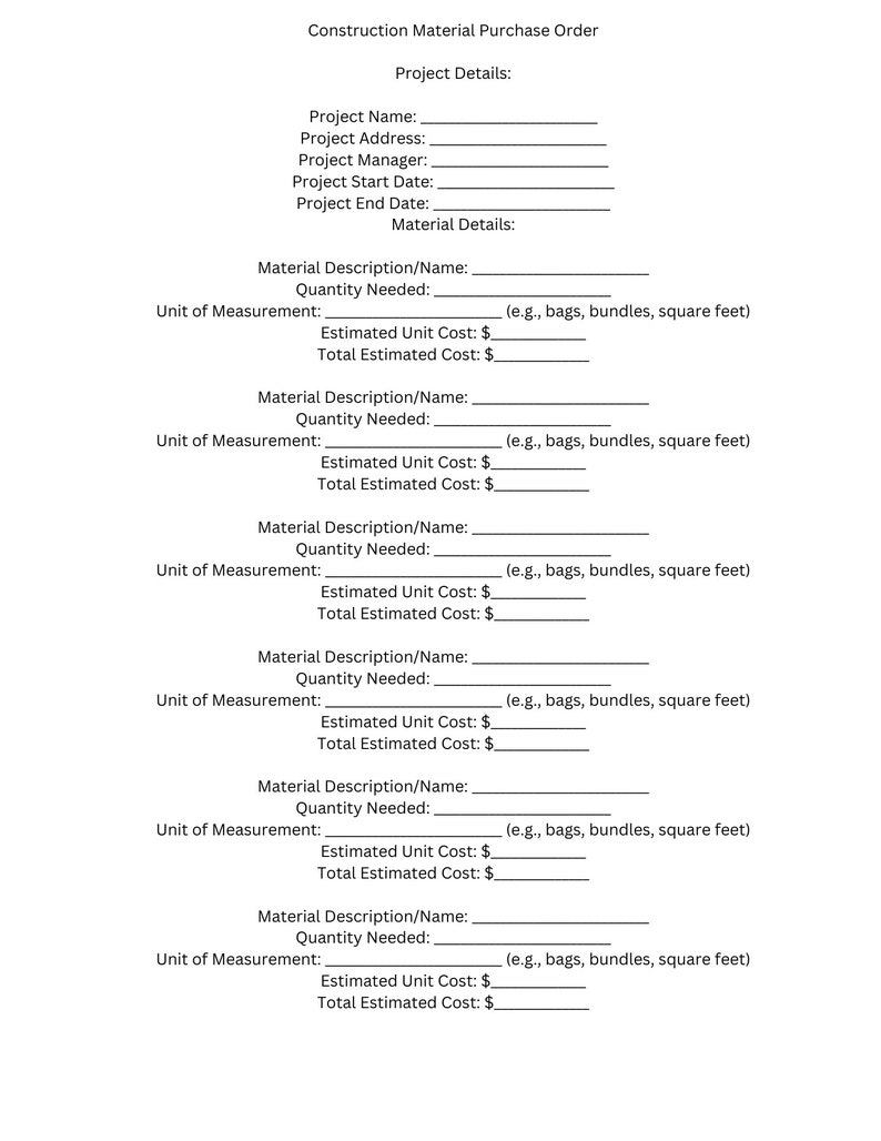 Construction Material Purchase Order-template, Instant Download, 3 ...