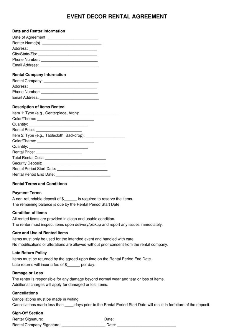 Event Decor Rental Agreement | Centerpieces, Arches, Backdrops ...