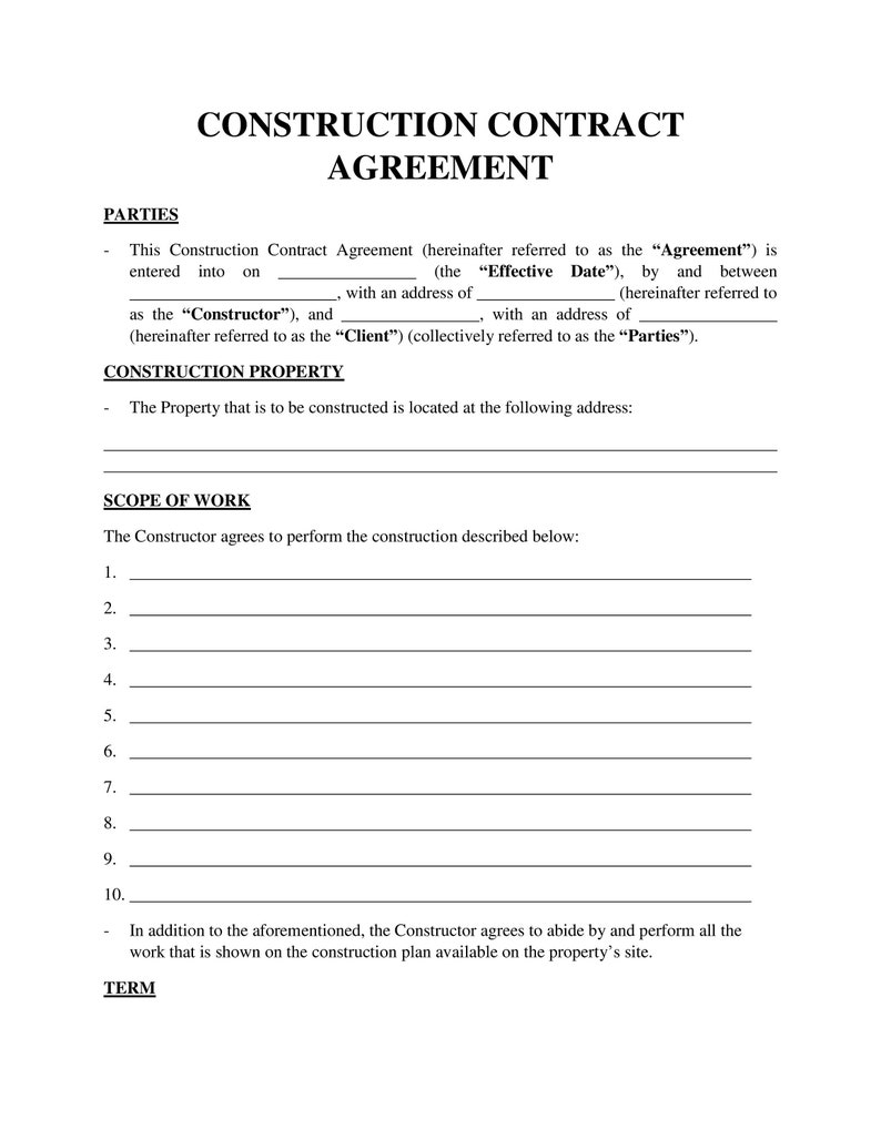 Construction-contract Template, PDF Download - Etsy