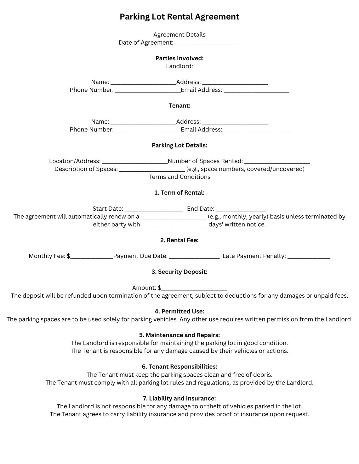Parking Lot Rental Agreement Template - Etsy