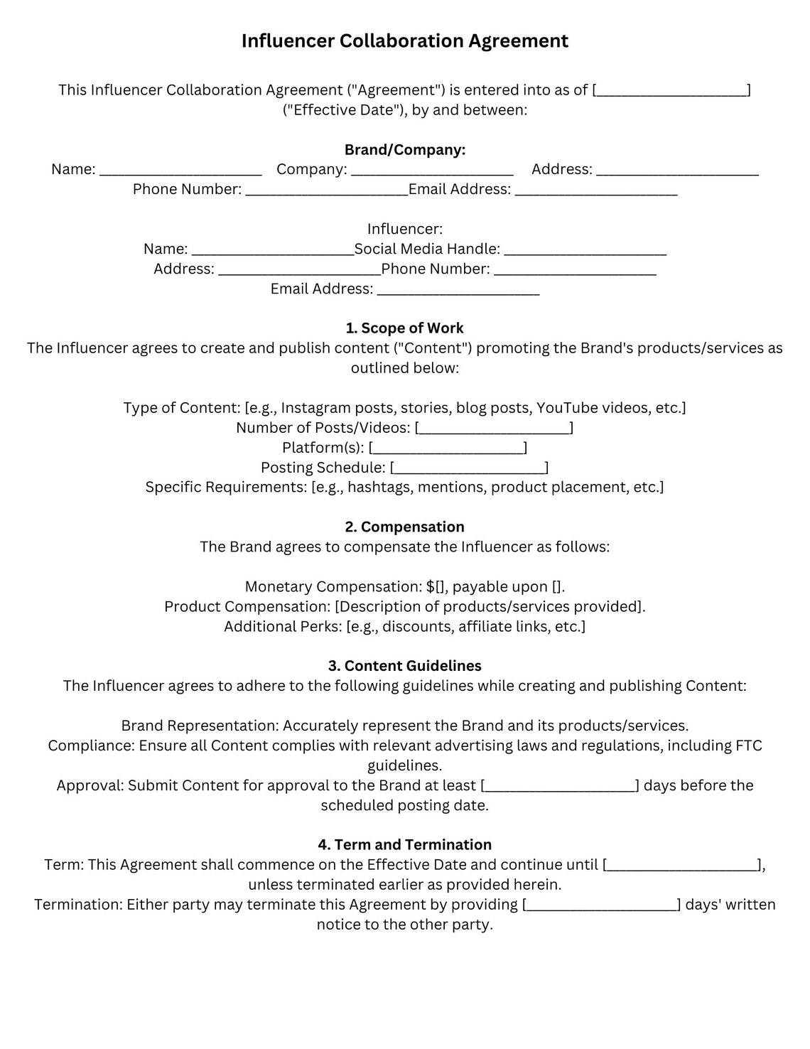Influencer Collaboration Agreement-template, Pdf - Etsy