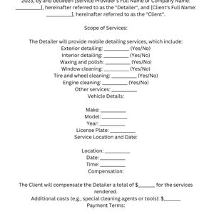 Mobile Detailing Service Agreement Template Digital Download: - Etsy