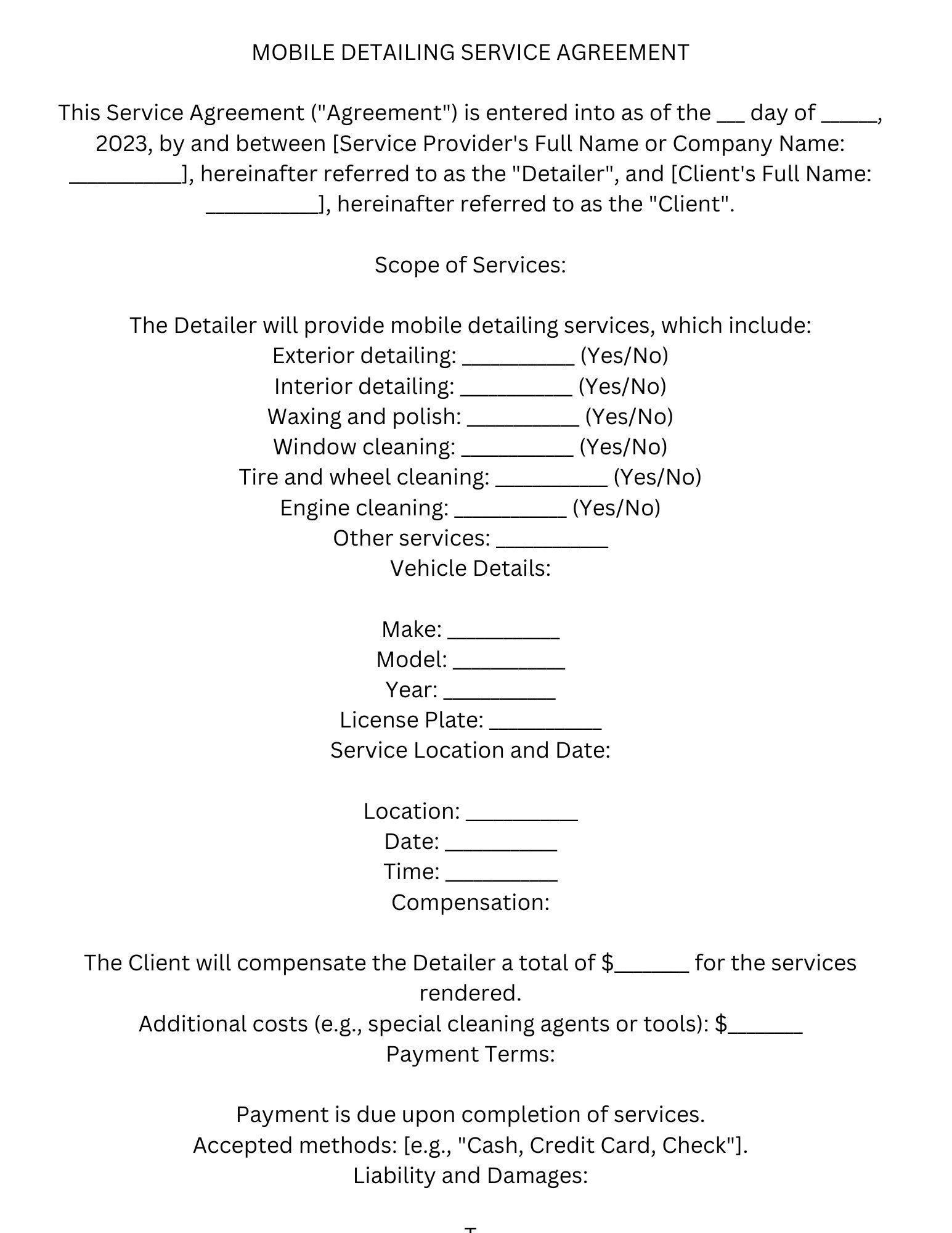 Mobile Detailing Service Agreement Template Digital Download: - Etsy