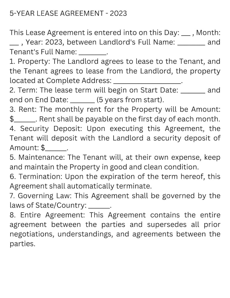 5 Year Lease Agreement Template PDF Download - Etsy