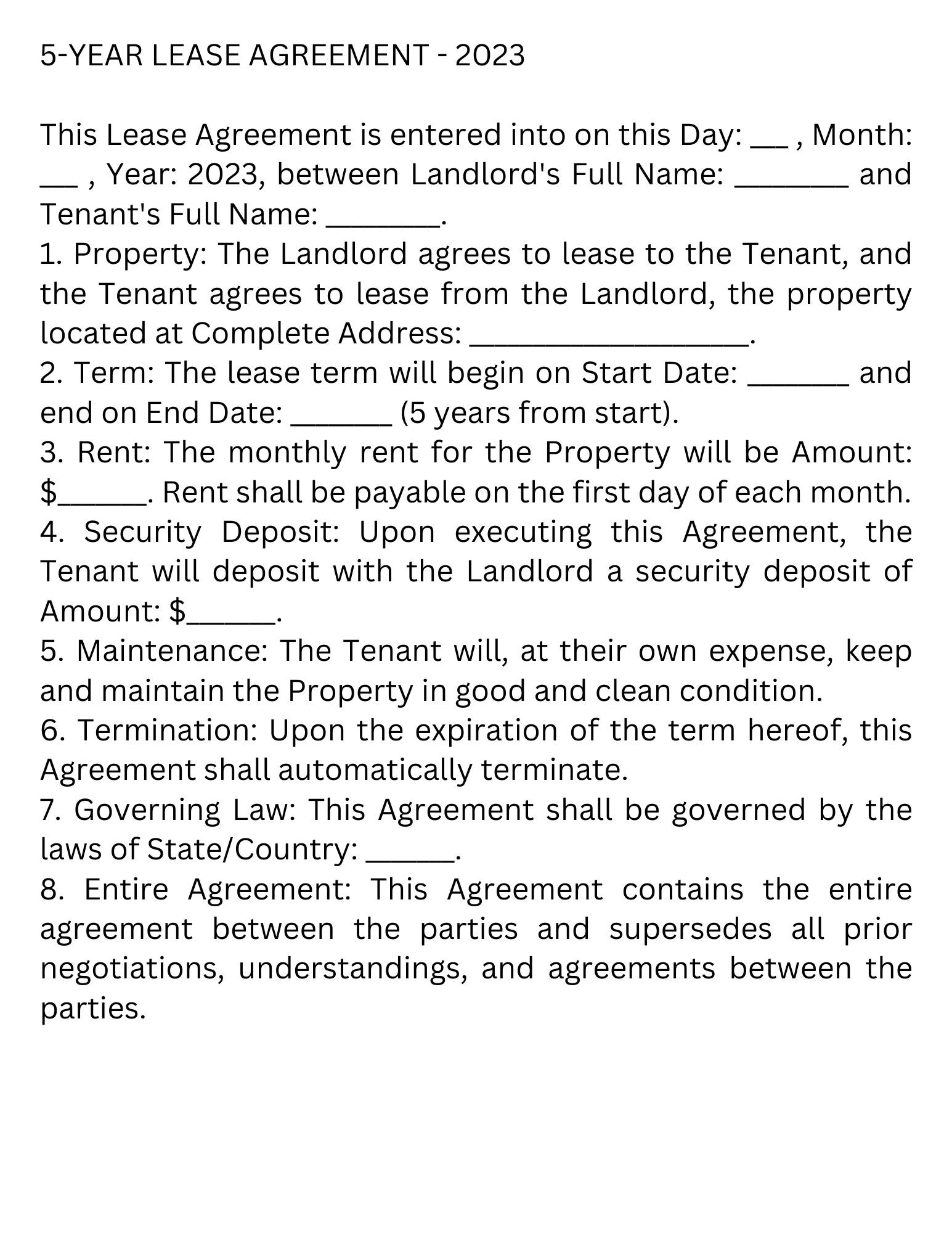 5 Year Lease Agreement Template PDF Download - Etsy