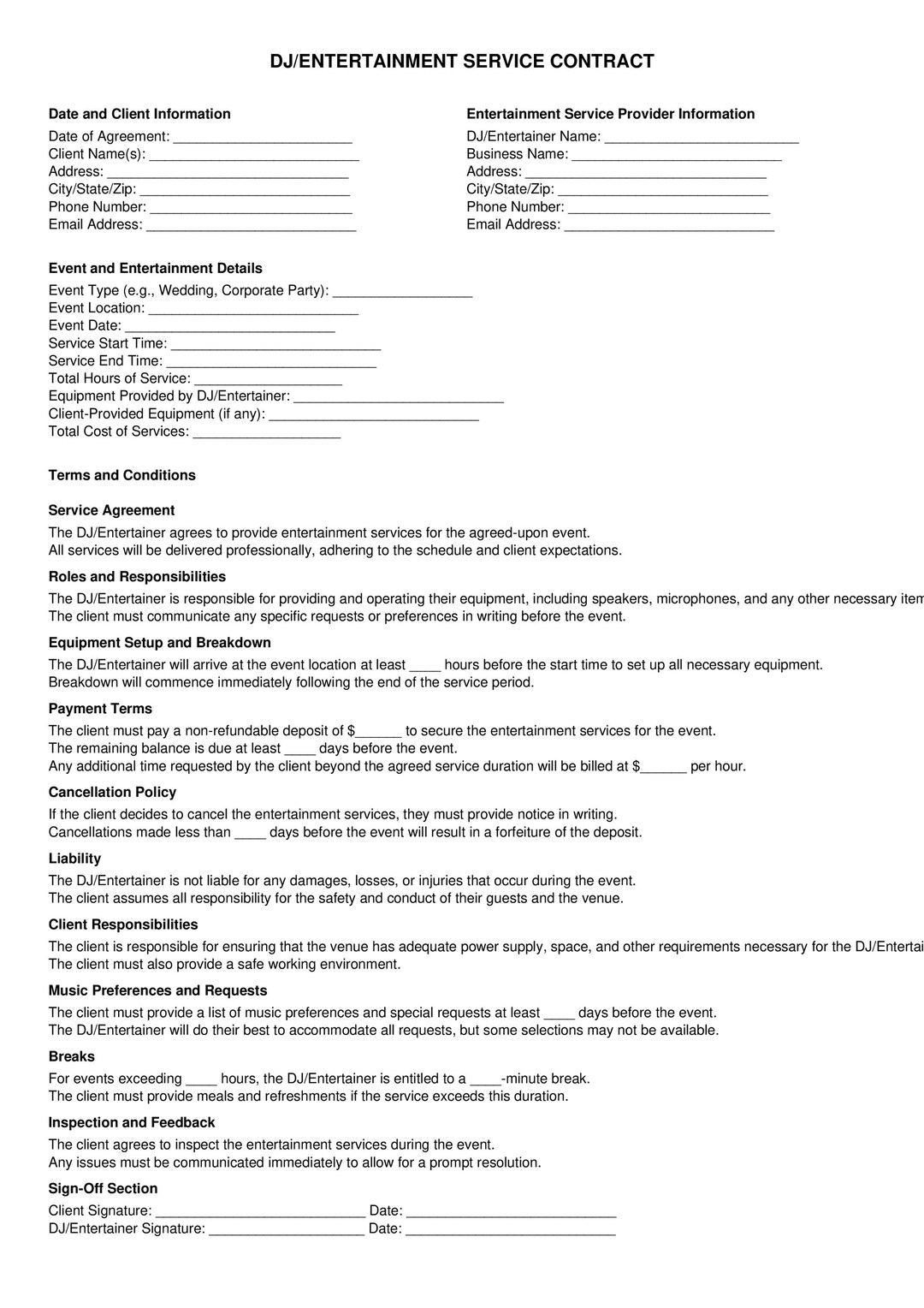 Dj/entertainment Service Contract | Event Entertainment Agreement ...