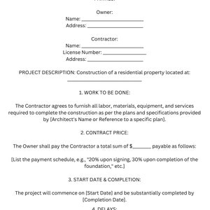 Residential Construction Agreement Template - Etsy