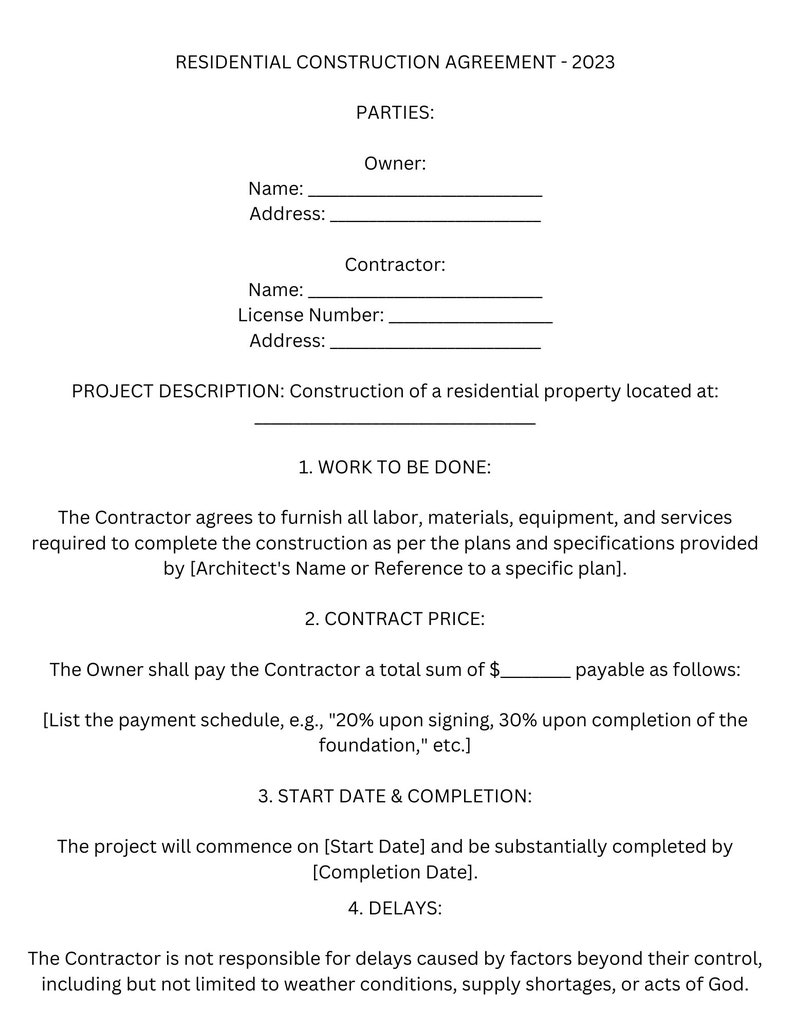 Residential Construction Agreement Template - Etsy