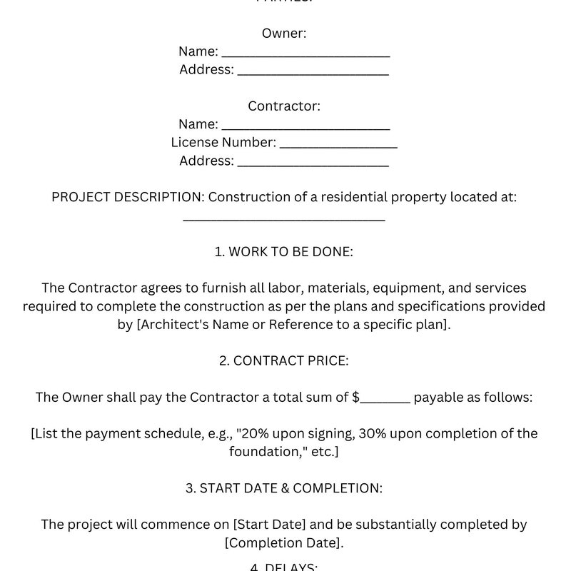 Residential Construction Contract Template - Etsy