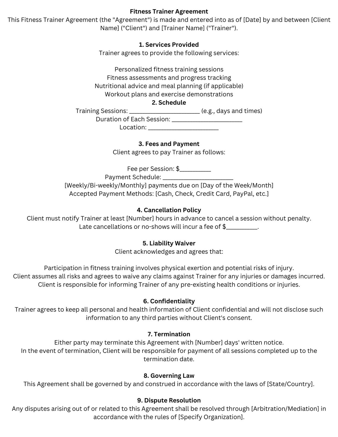 Fitness Trainer Agreement-template PDF - Etsy