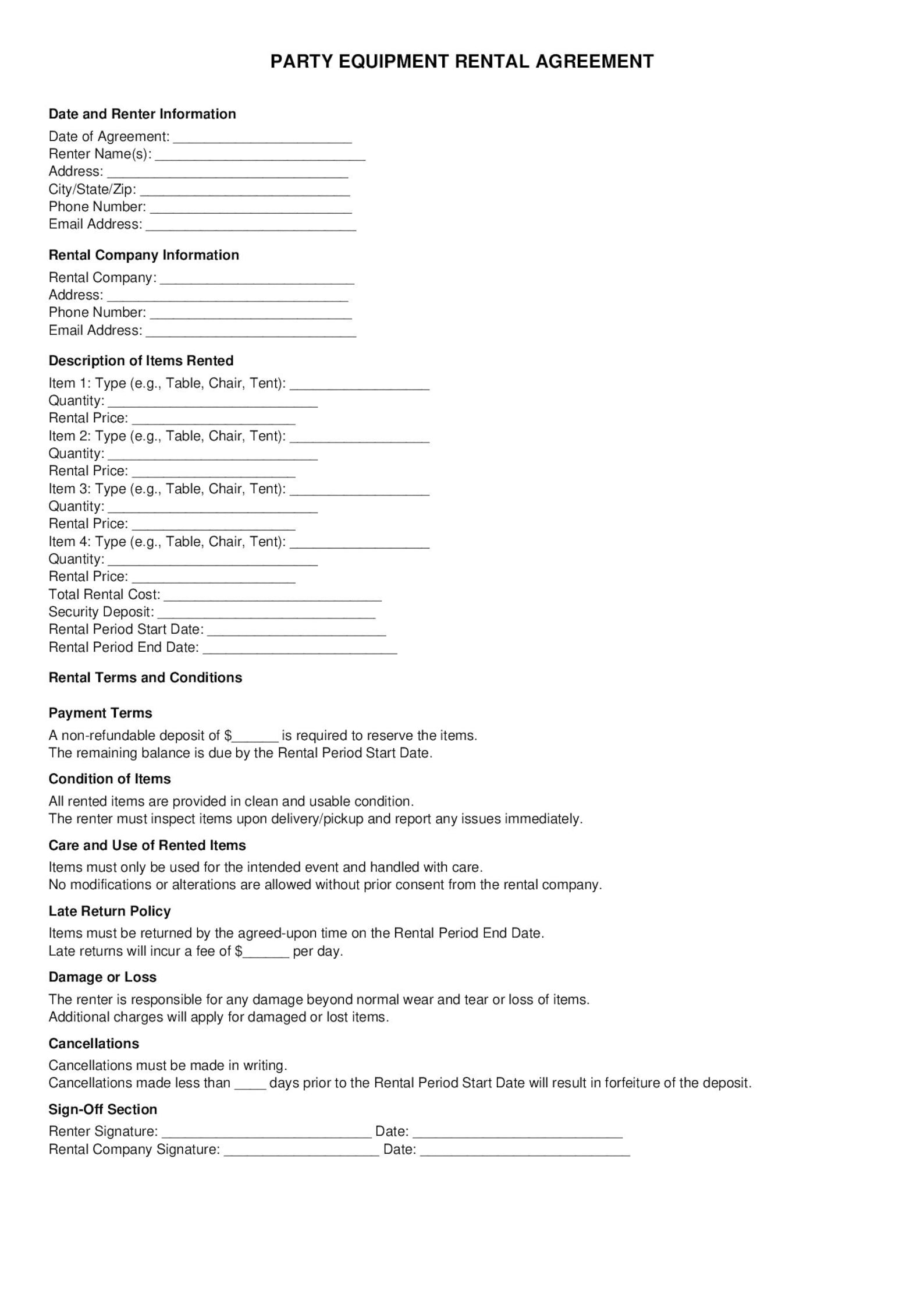 Party Equipment Rental Agreement | Tables, Chairs, Tents Contract ...