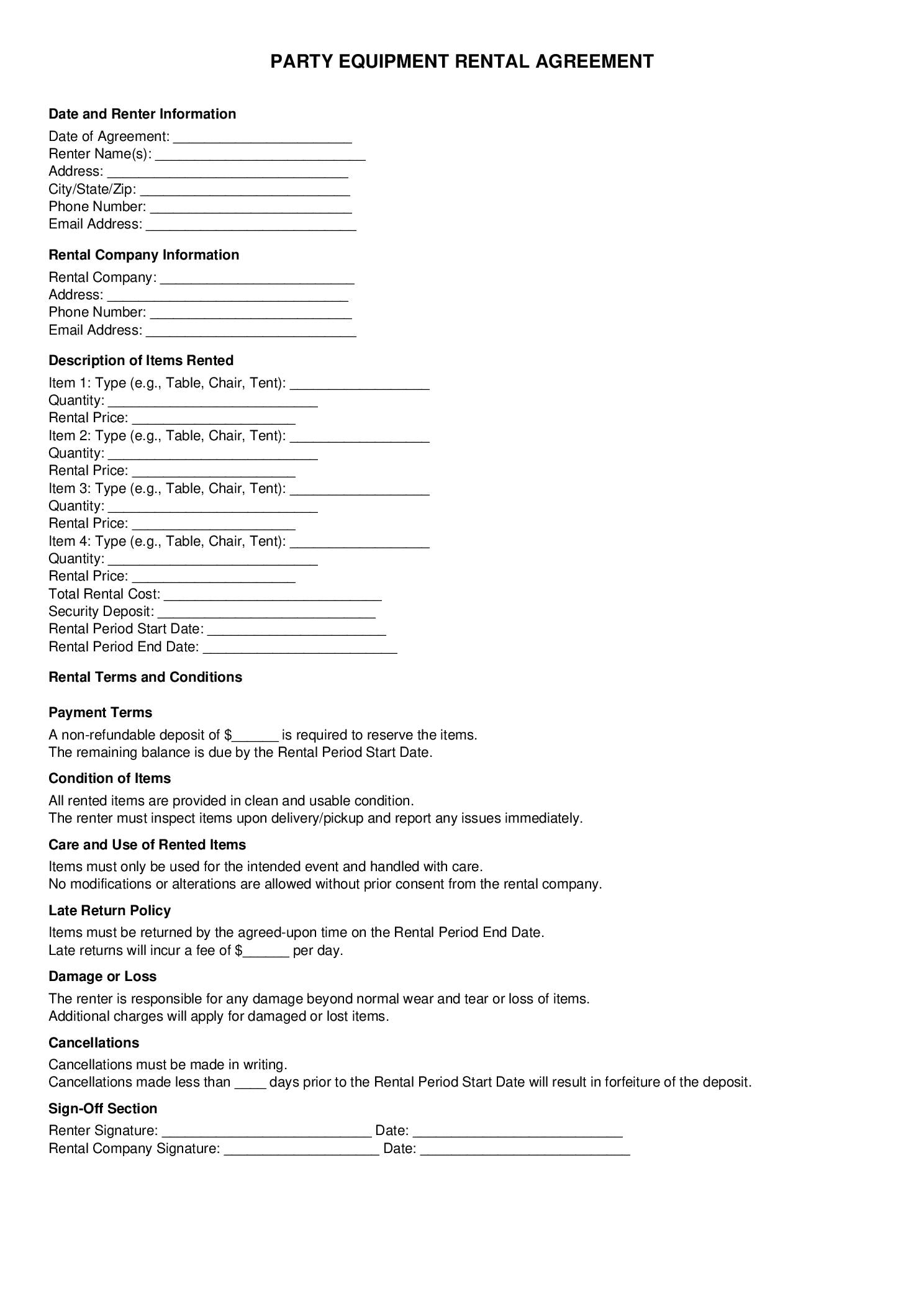Party Equipment Rental Agreement | Tables, Chairs, Tents Contract ...