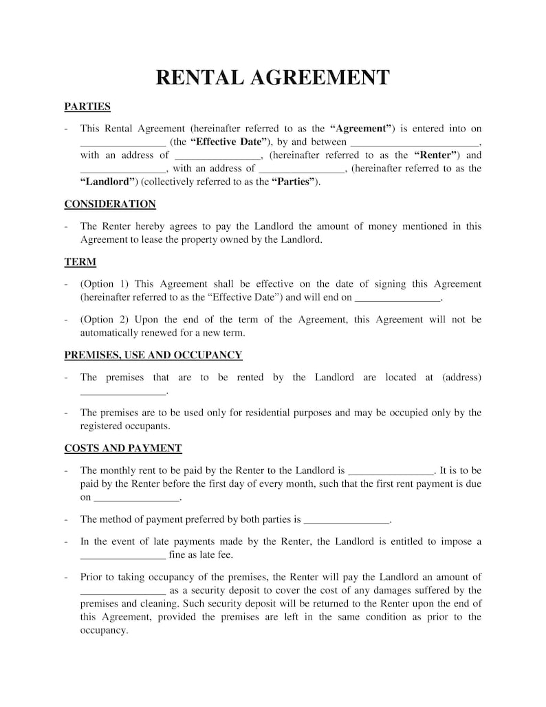 Basic-rental-agreement-template, Pdf Download - Etsy