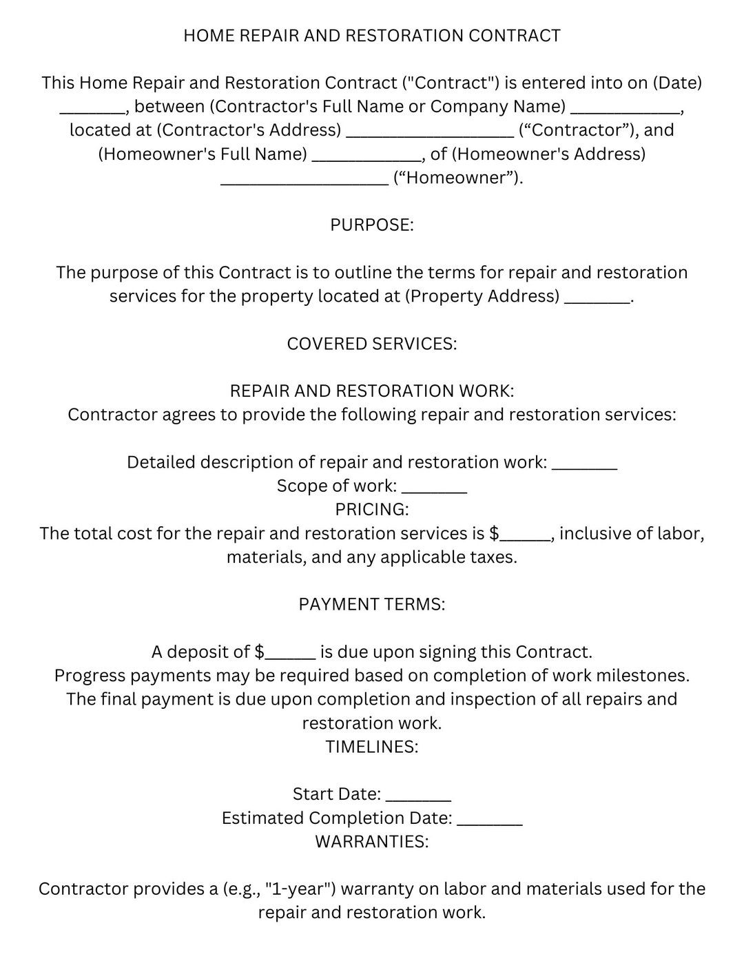 Home Repair and Restoration Contract Template - Etsy