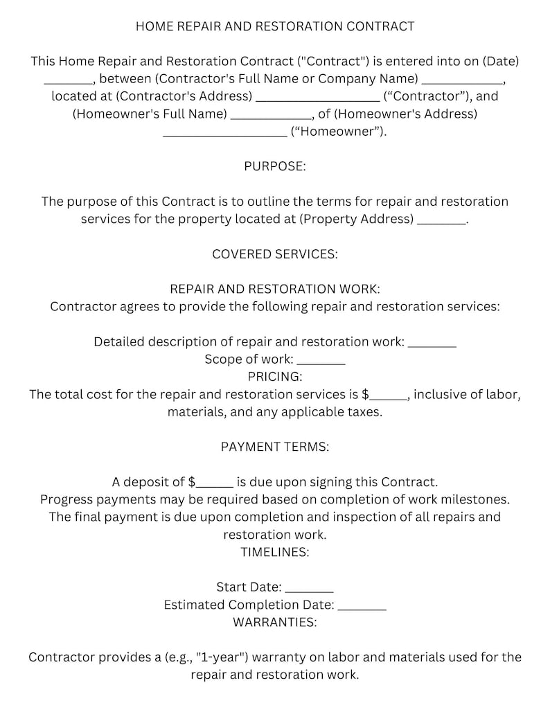 Home Repair and Restoration Contract Template - Etsy