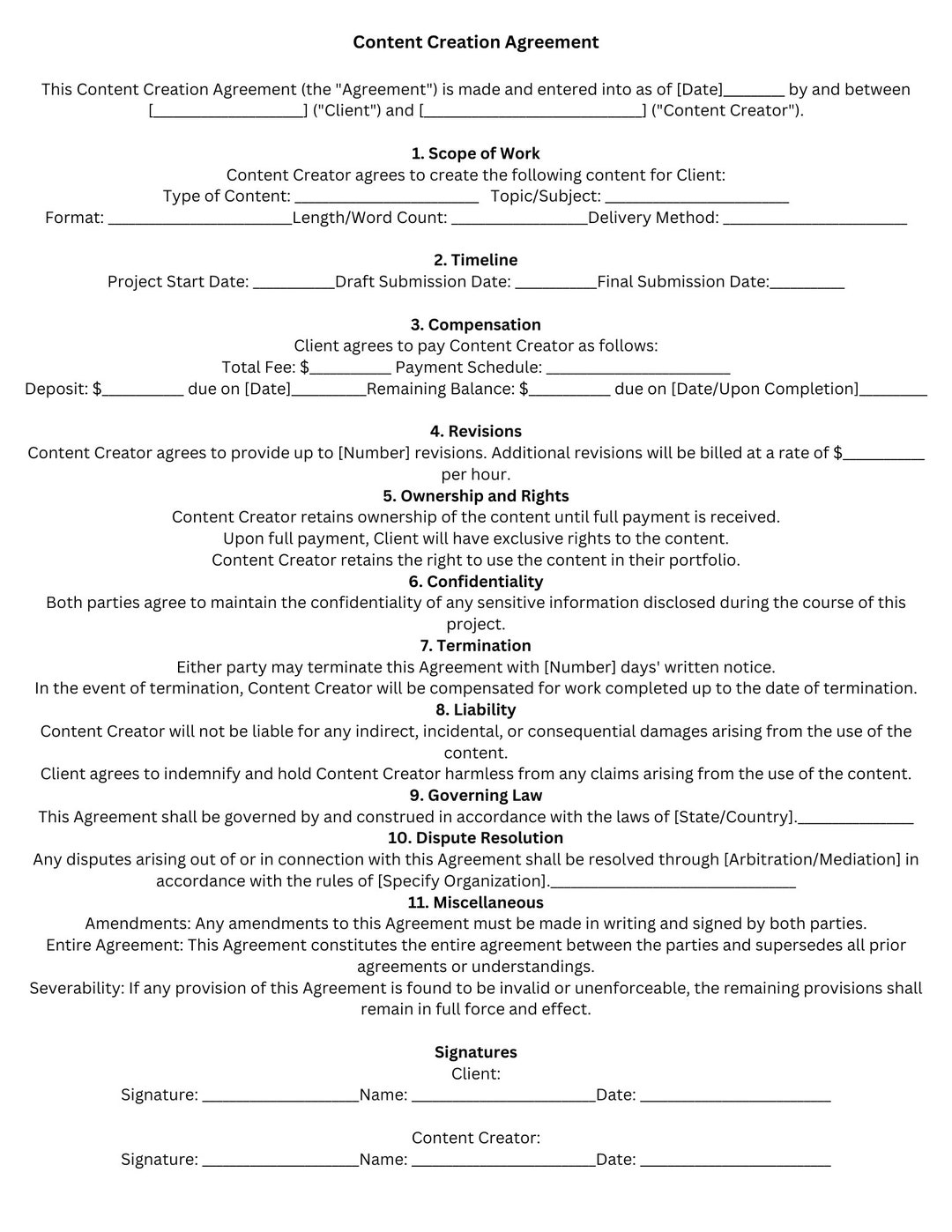Content Creation Agreement-template PDF - Etsy