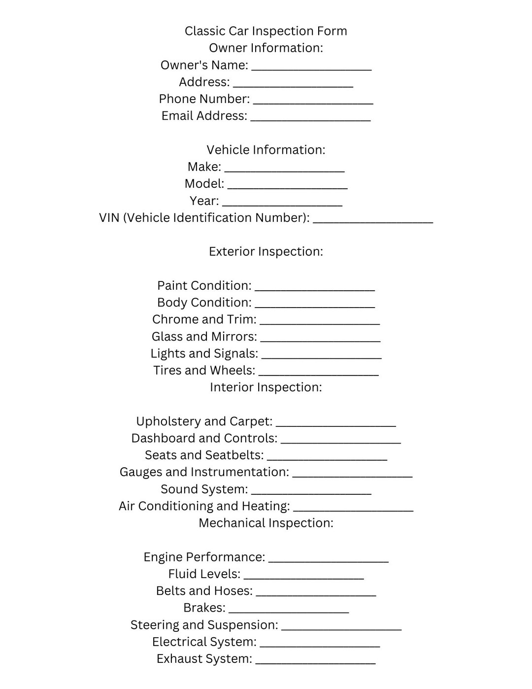 Classic Car Inspection Form Etsy classic-car-inspection-form-etsy
